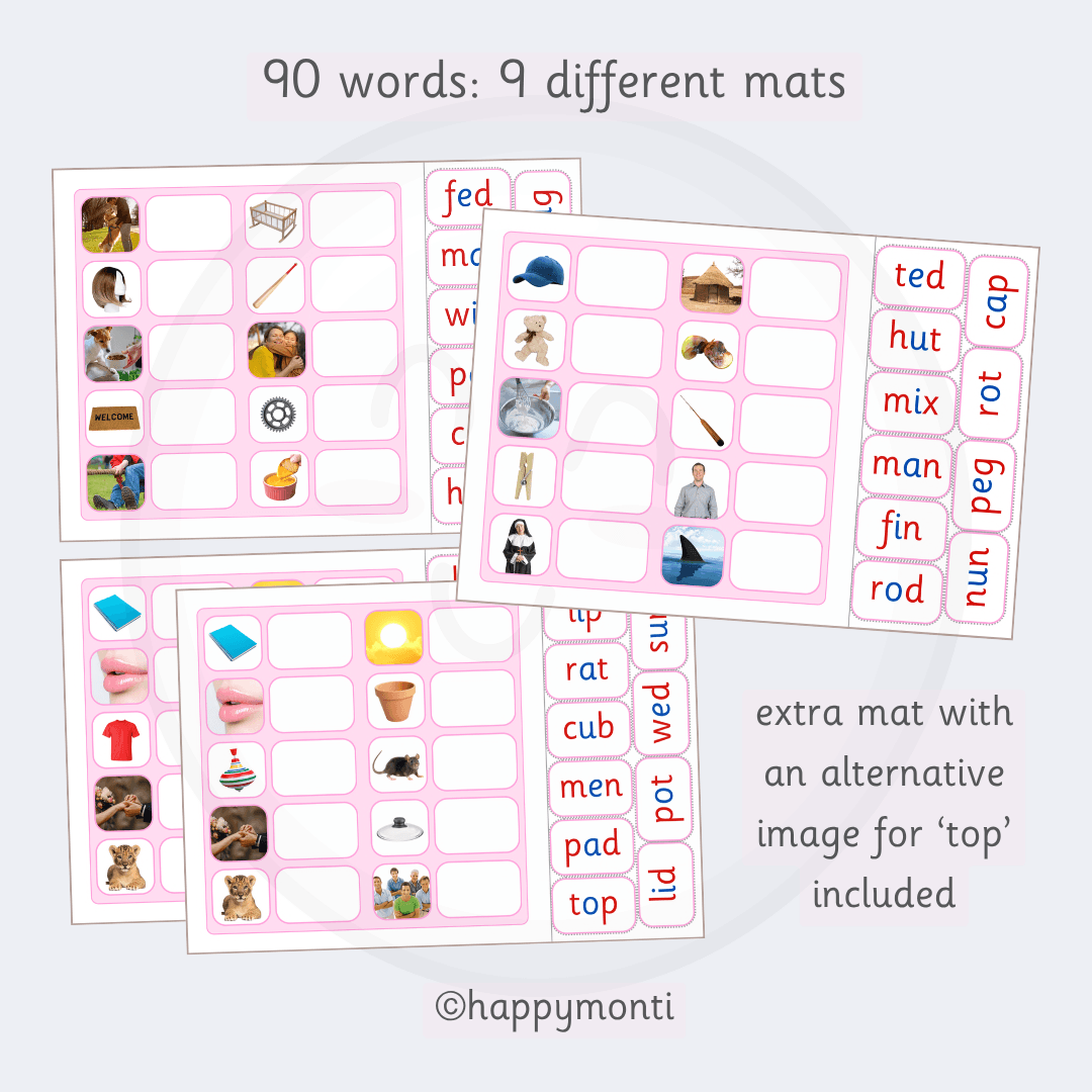 Mixed Vowel Matching Mats (Pink Series) | Happy Monti